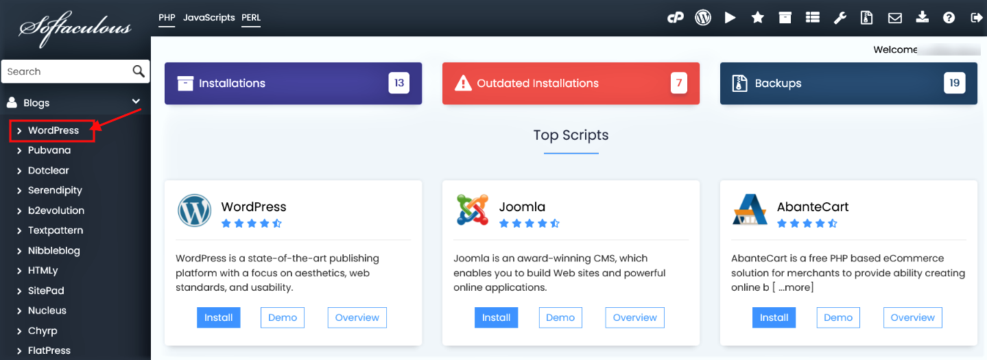 Install WordPress Using Softaculous